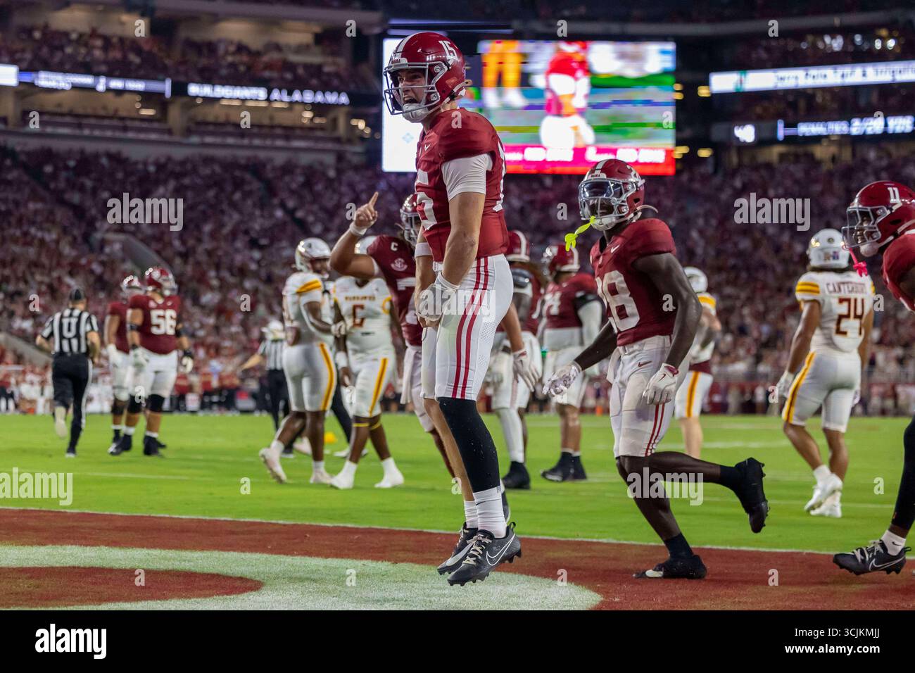 Alabama quarterback Ty Simpson (15) celebrates a touchdown before a ...