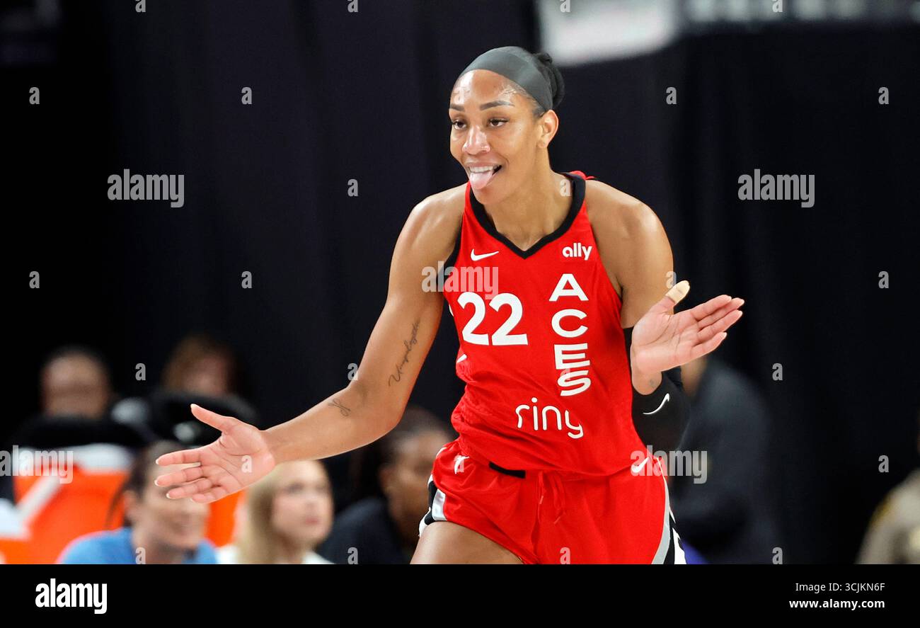 Las Vegas Aces center A'ja Wilson (22) celebrates after a basket ...