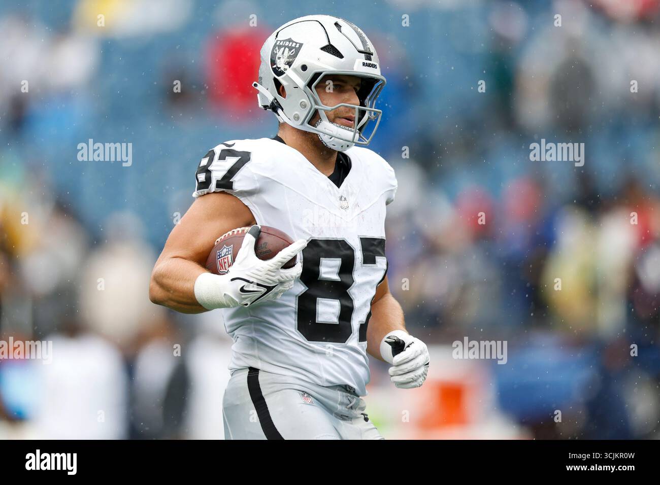 Las Vegas Raiders tight end Michael Mayer (87) reacts prior to an NFL ...