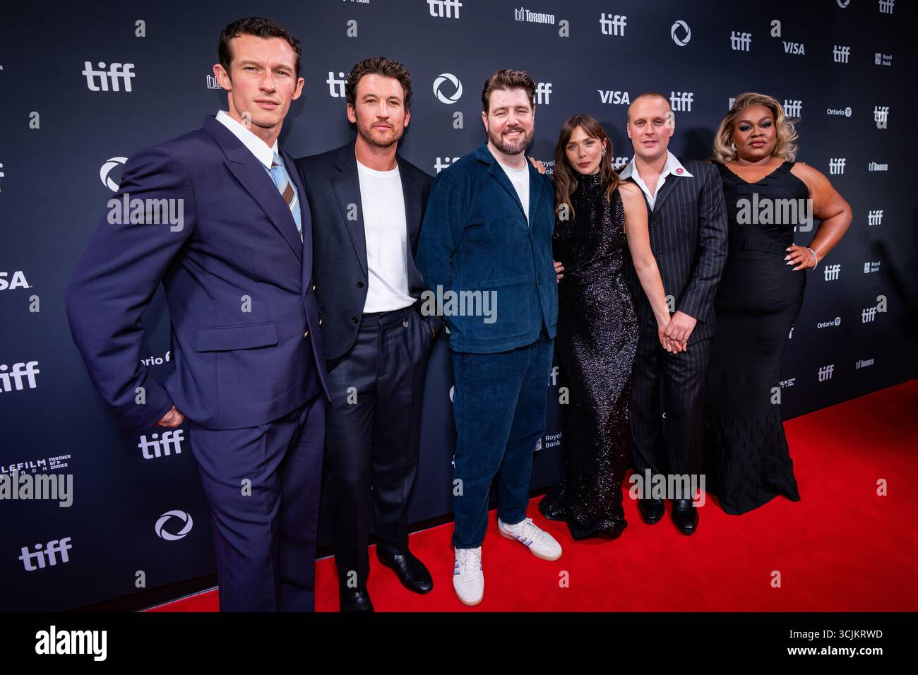 Callum Turner, left too right, Miles Teller, David Freyne, Elizabeth Olsen, John Early, and Da ...