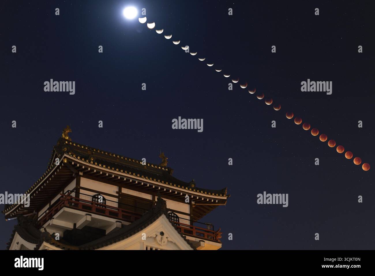 Composite photo shows the moon moving (from L to R) during a total ...
