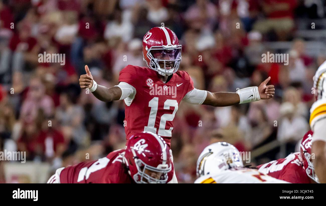 Alabama quarterback Keelon Russell (12) signals before a play against Louisiana-Monroe during ...