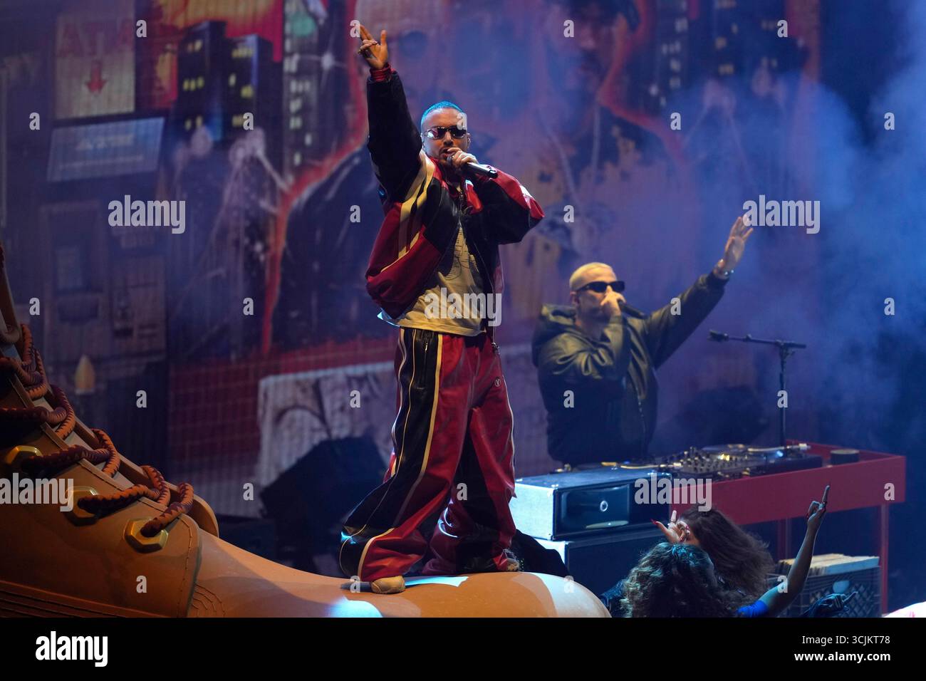 J Balvin, left, and DJ Snake perform during the MTV Video Music Awards ...