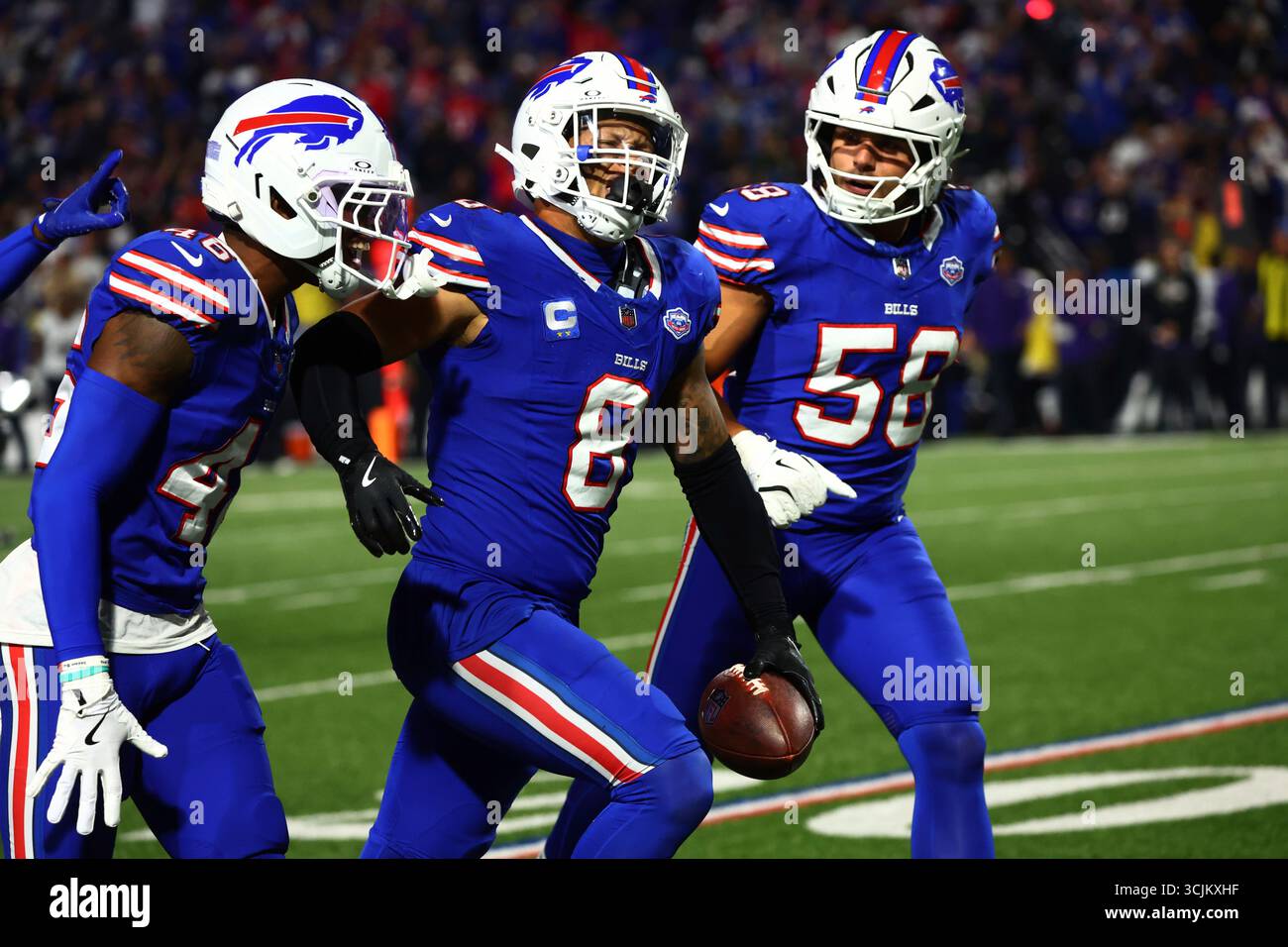 Buffalo Bills linebacker Terrel Bernard (8) celebrates after a fumble ...