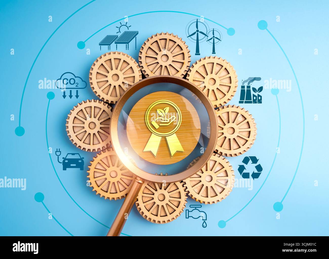 Magnifying glass over wooden gears with eco award icon and renewable ...