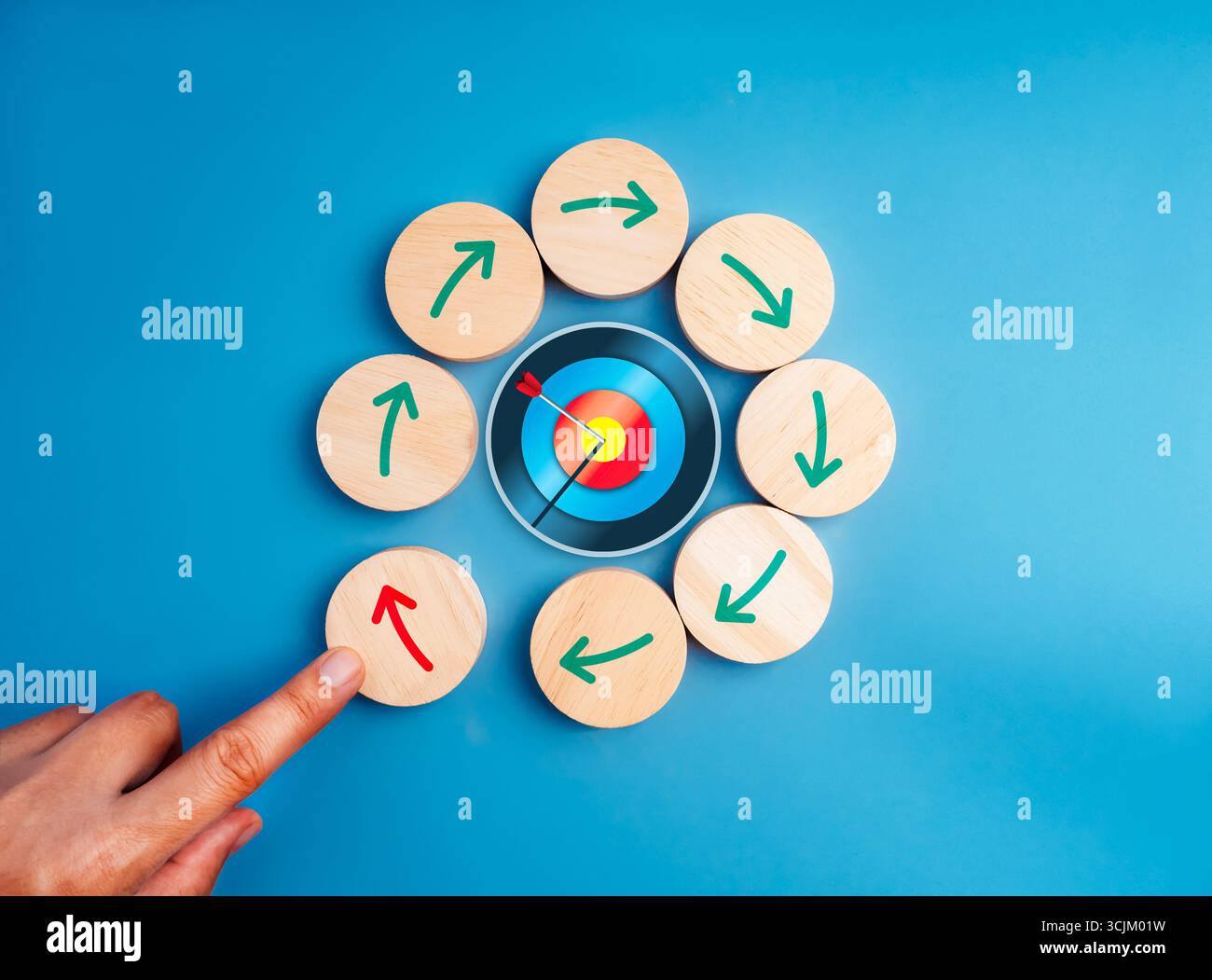 Wooden blocks with arrows circling target board with target icon in the ...