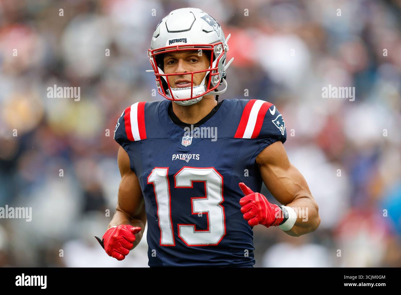 New England Patriots wide receiver Mack Hollins (13) reacts during the ...