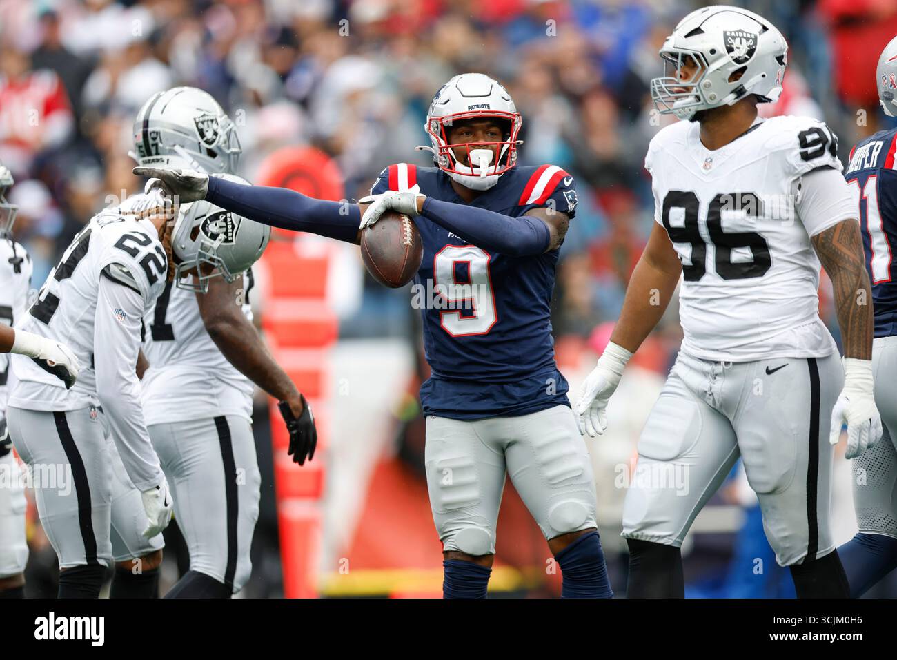 New England Patriots wide receiver Kayshon Boutte (9) reacts during the ...