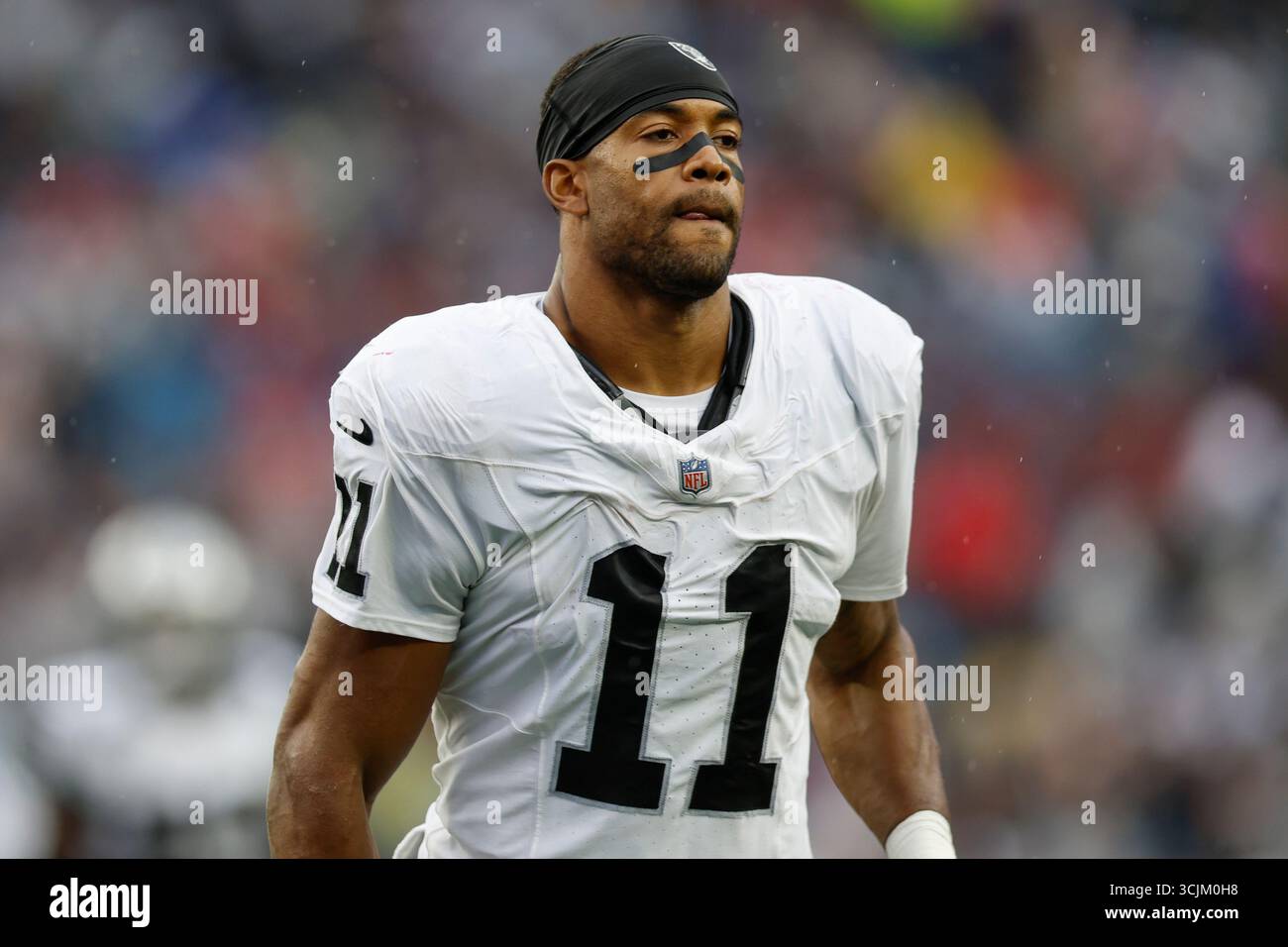 Las Vegas Raiders safety Jeremy Chinn (11) reacts during the first half ...