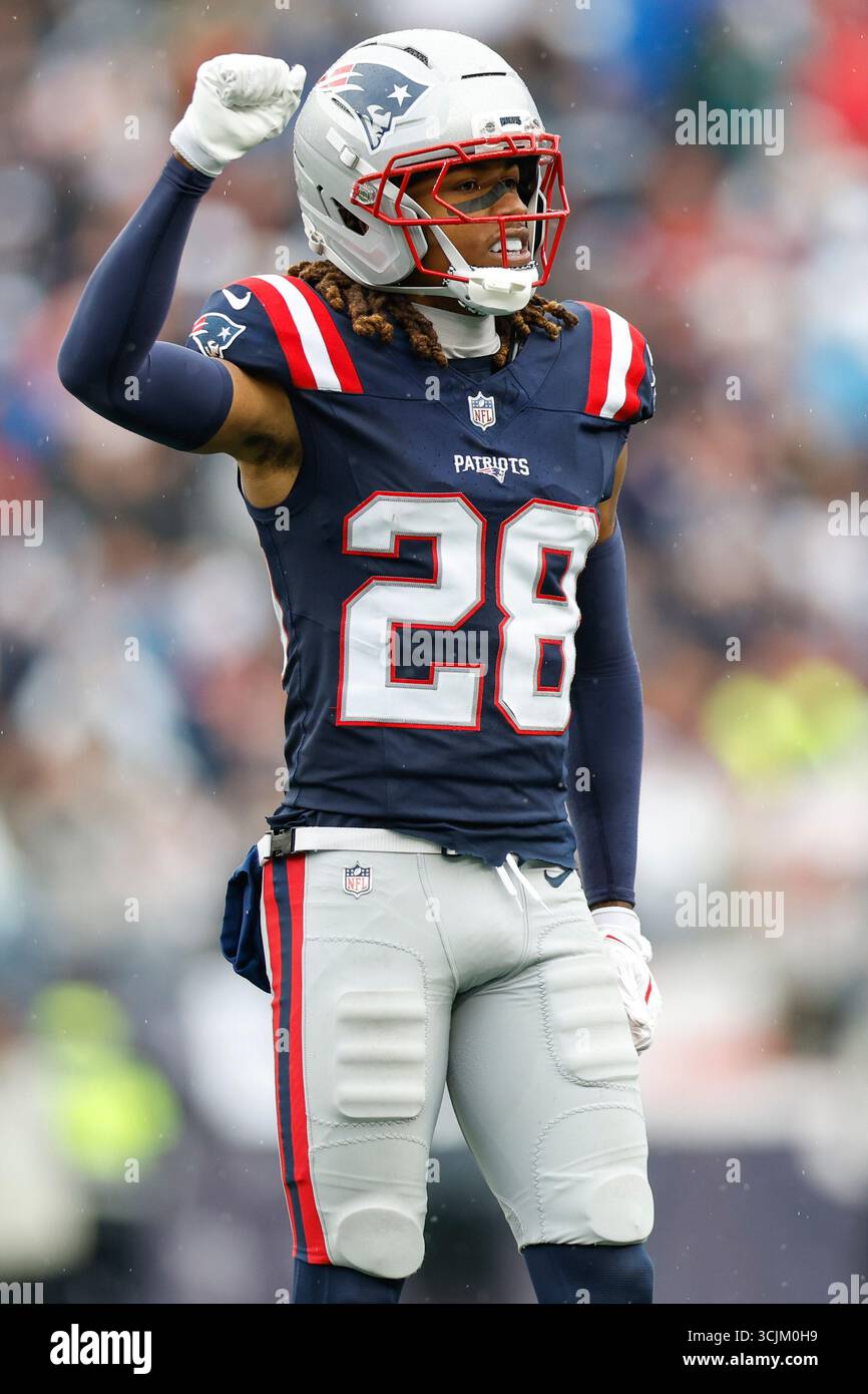 New England Patriots cornerback Alex Austin (28) reacts during the ...
