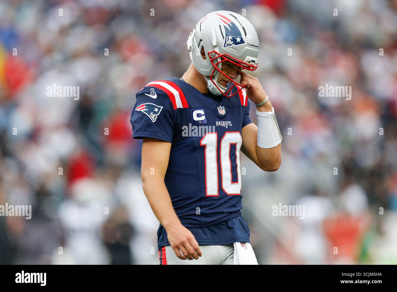 New England Patriots quarterback Drake Maye (10) reacts during the ...