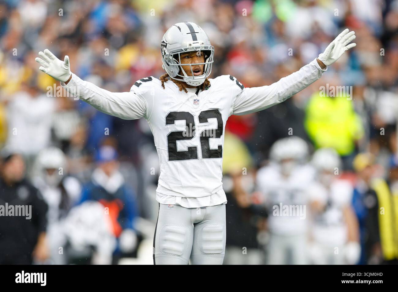 Las Vegas Raiders cornerback Eric Stokes (22) reacts during the first ...