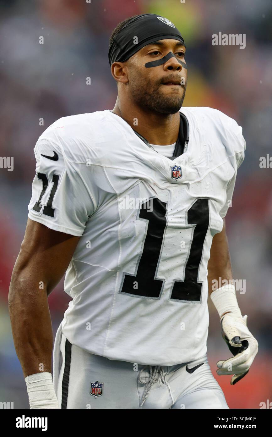 Las Vegas Raiders safety Jeremy Chinn (11) reacts during the first half ...