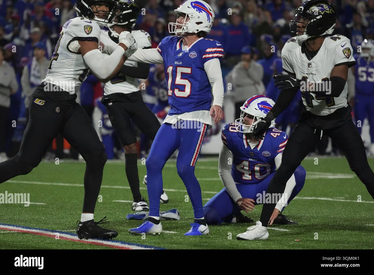 Buffalo Bills kicker Matt Prater (15) watches his game-winning field goal against the Baltimore ...