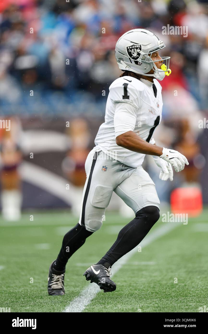 Las Vegas Raiders wide receiver Tre Tucker (1) runs a route during the ...