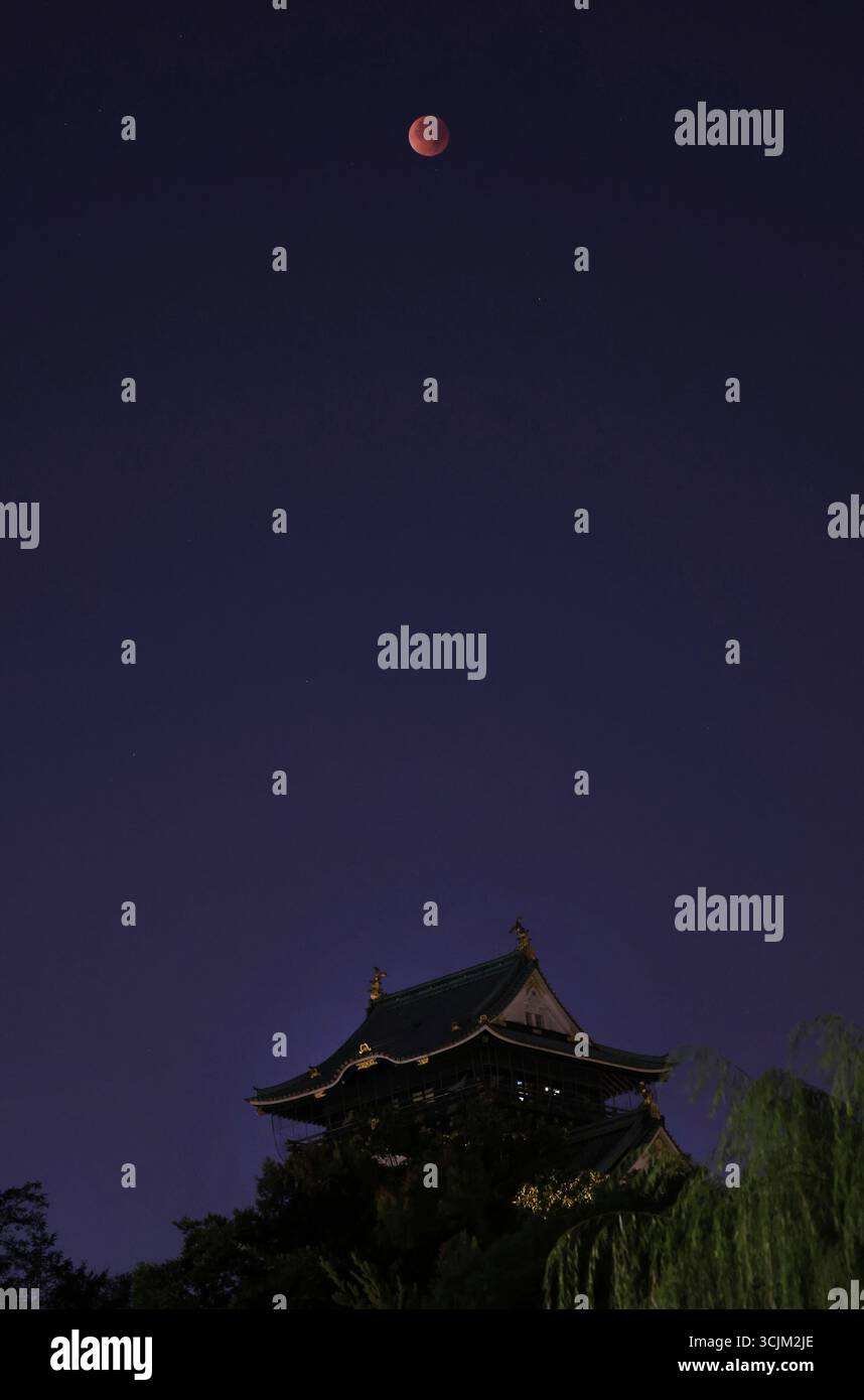 A total lunar eclipse is observed above the Osaka Castle in Osaka on ...