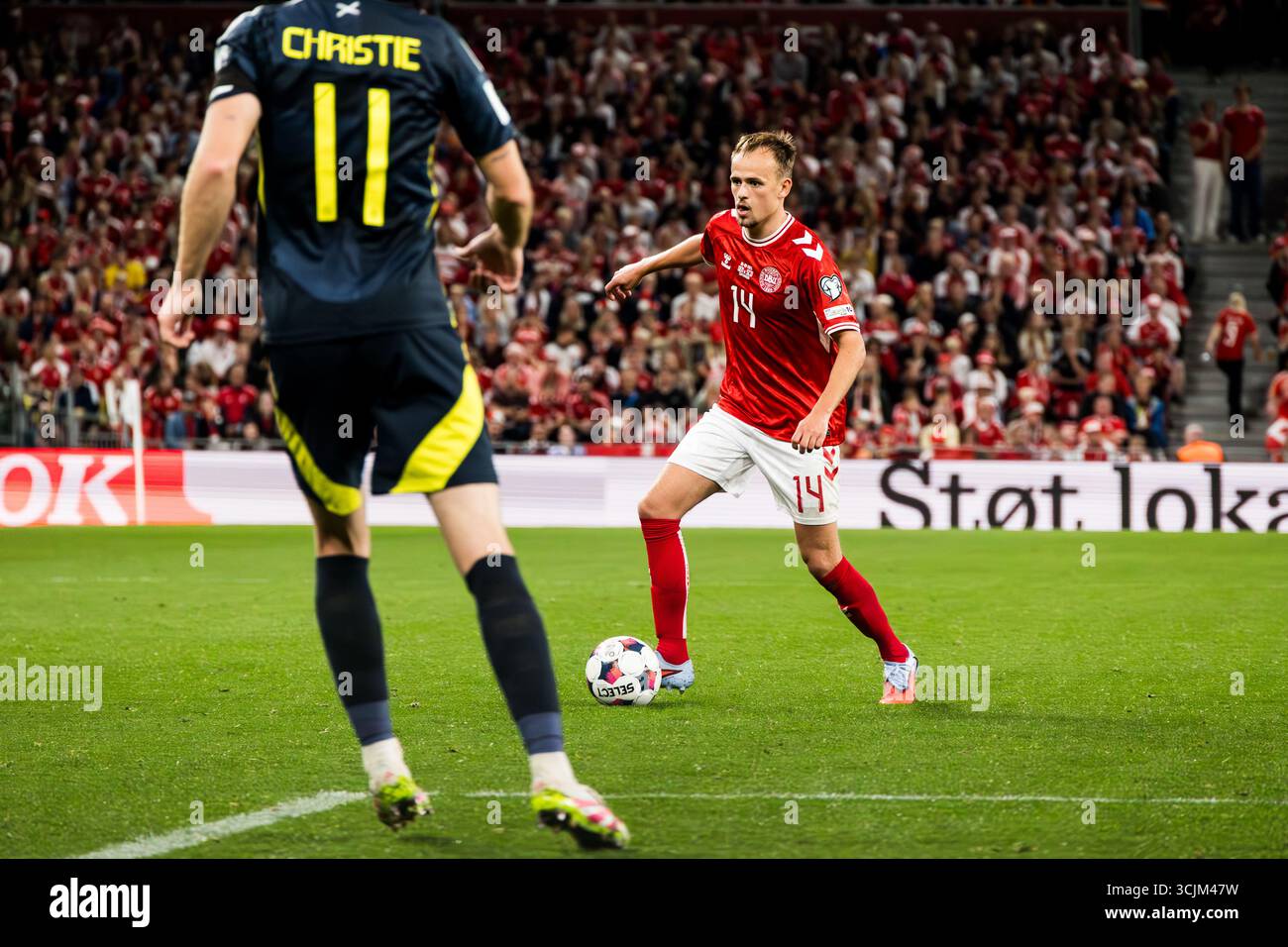 Mikkel Damsgaard #14 of Denmark seen in action during the FIFA World ...