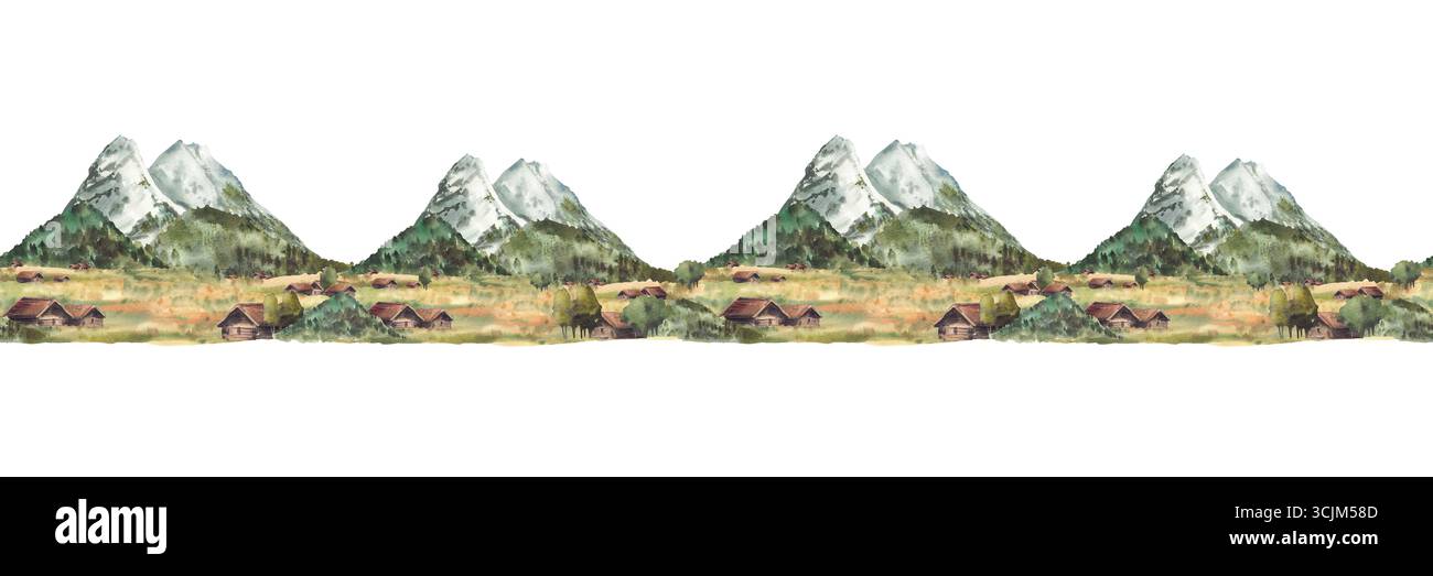 Watercolor Zugspitze mountains with alpine Cabins on hill, trees and ...