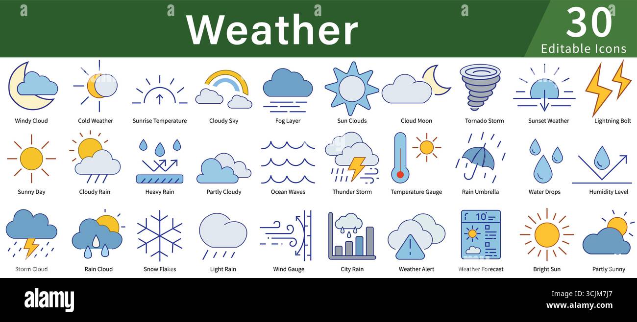 Flat Weather Icons Pack – 30 Editable Climate Symbols Including Sun, Rain, Snow, Storm, Cloud ...