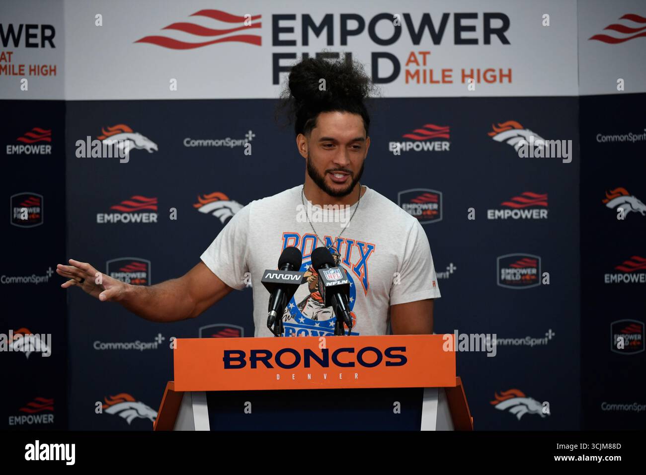 Denver Broncos safety Talanoa Hufanga (9) during a news conference ...
