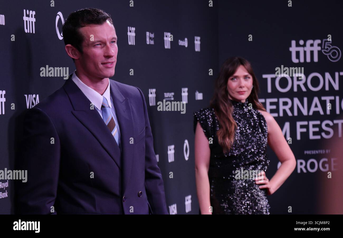 Callum Turner and Elizabeth Olsen attend the premiere of ''Eternity ...