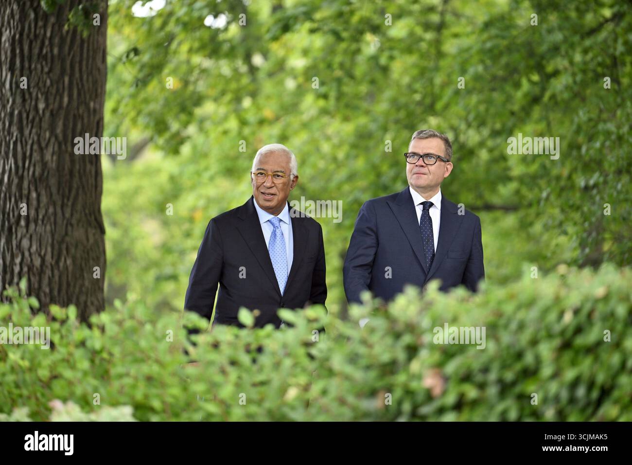 Finnish Prime Minister Petteri Orpo, right, and visiting European Council President Antonio ...
