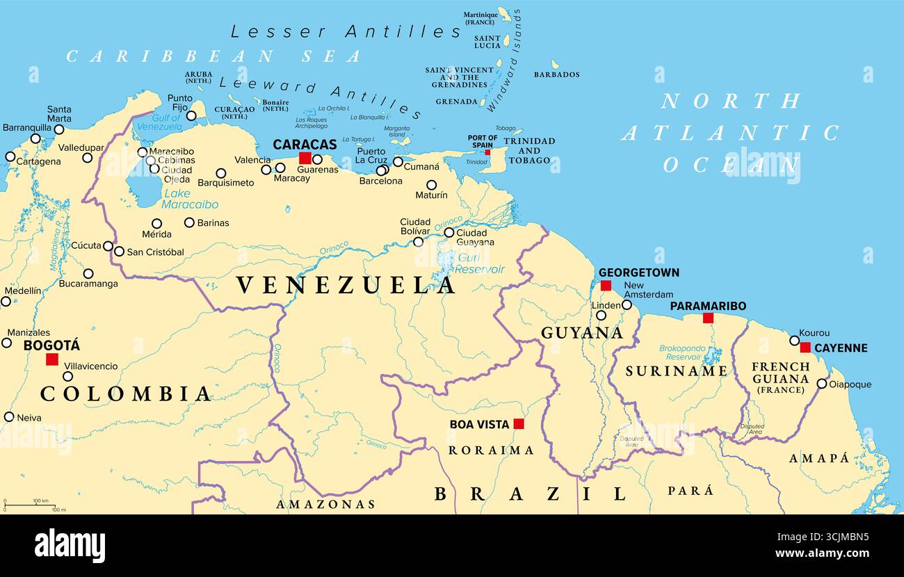 Venezuela and The Guianas, political map, showing the geographical ...