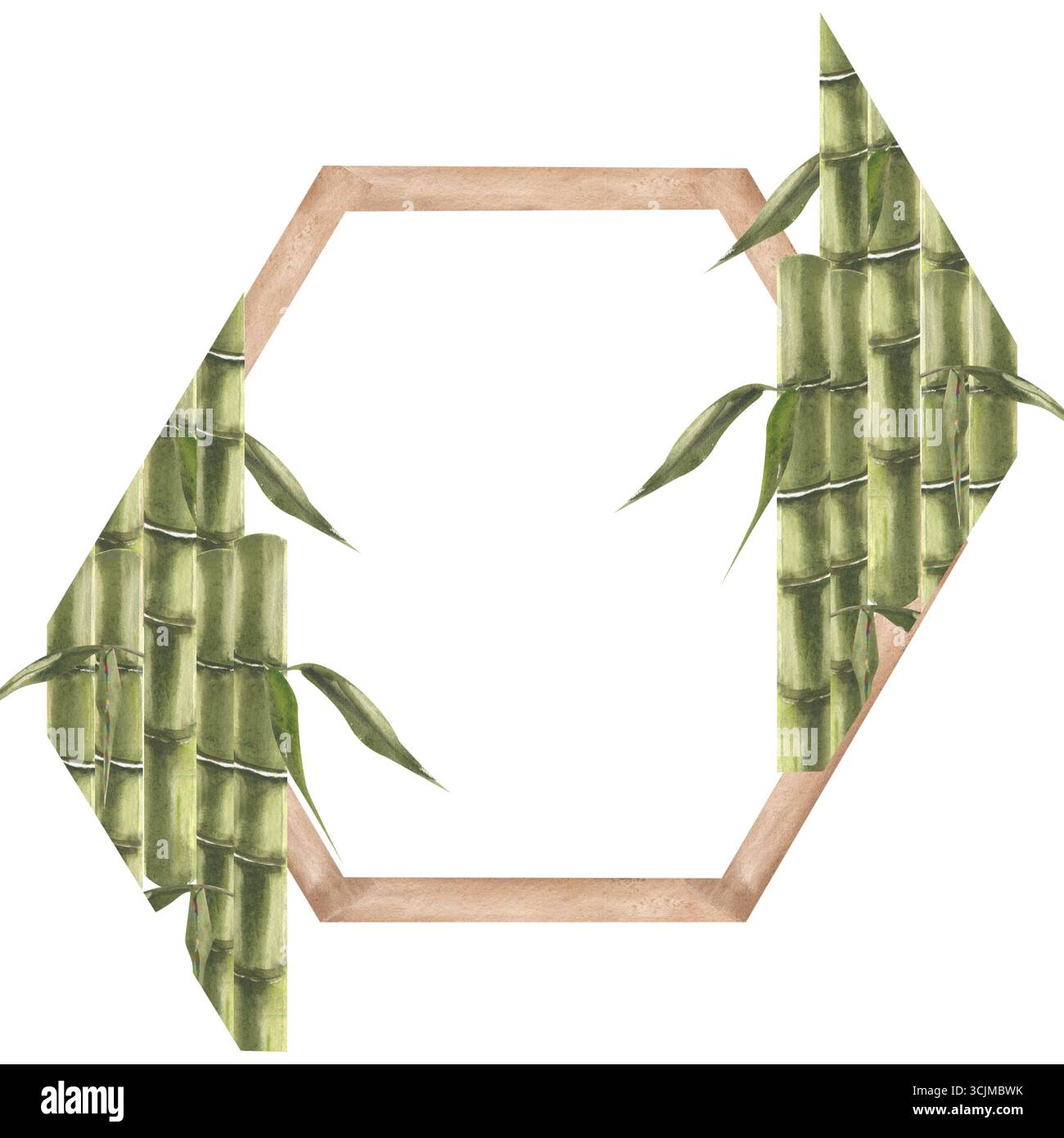 Wooden geometric frame with bamboo floral elements watercolor ...