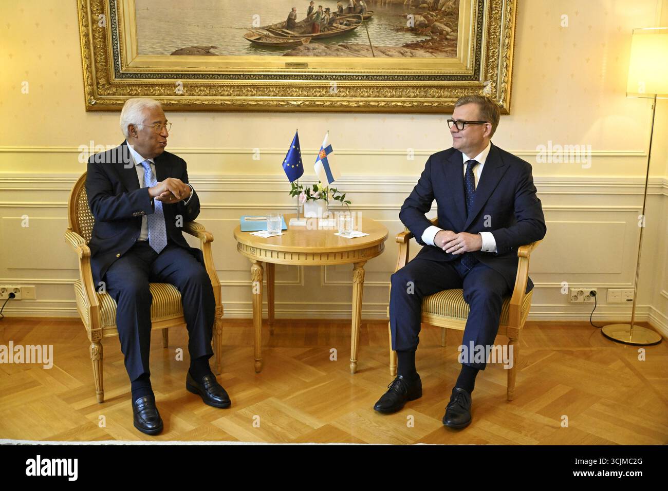 Finnish Prime Minister Petteri Orpo (R) and visiting European Council President Antonio Costa ...