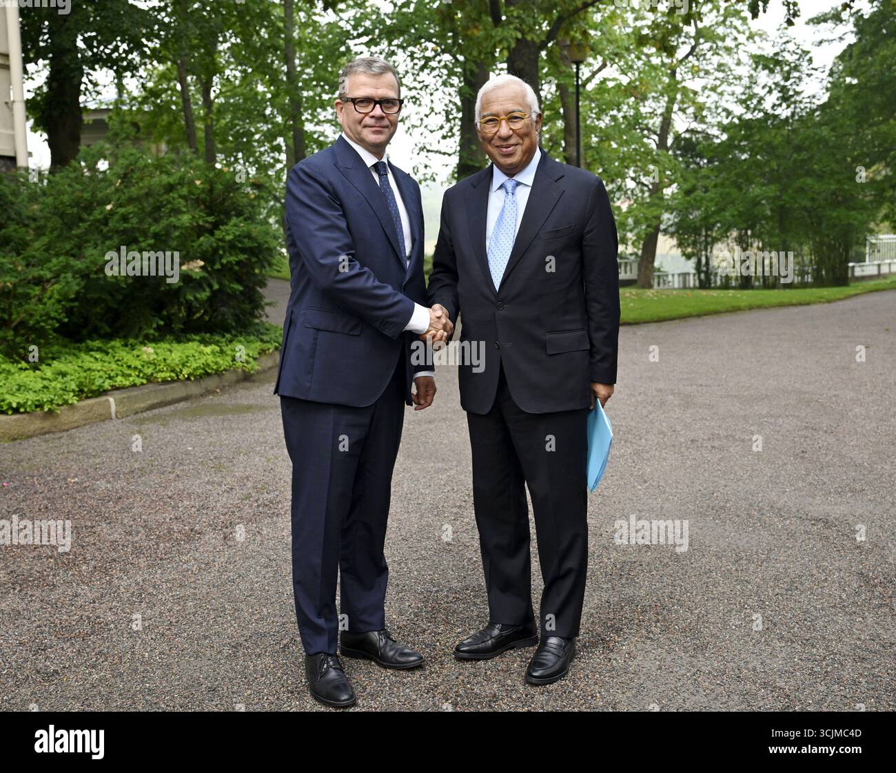 Finnish Prime Minister Petteri Orpo (L) welcomed visiting European Council President Antonio ...