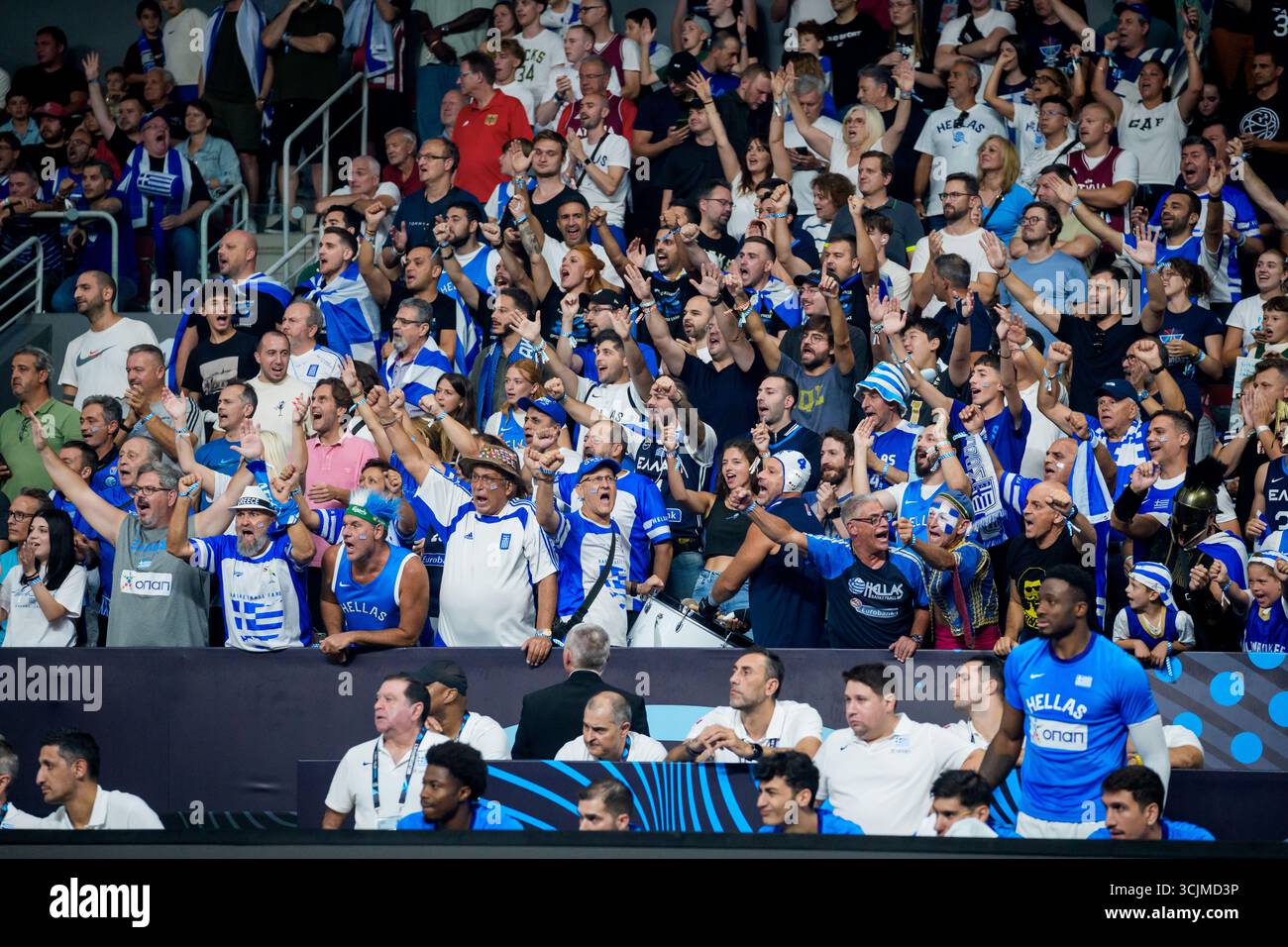 RIGA, LATVIA. 7th September 2025. Greek fans, during FIBA EUROBASKET ...