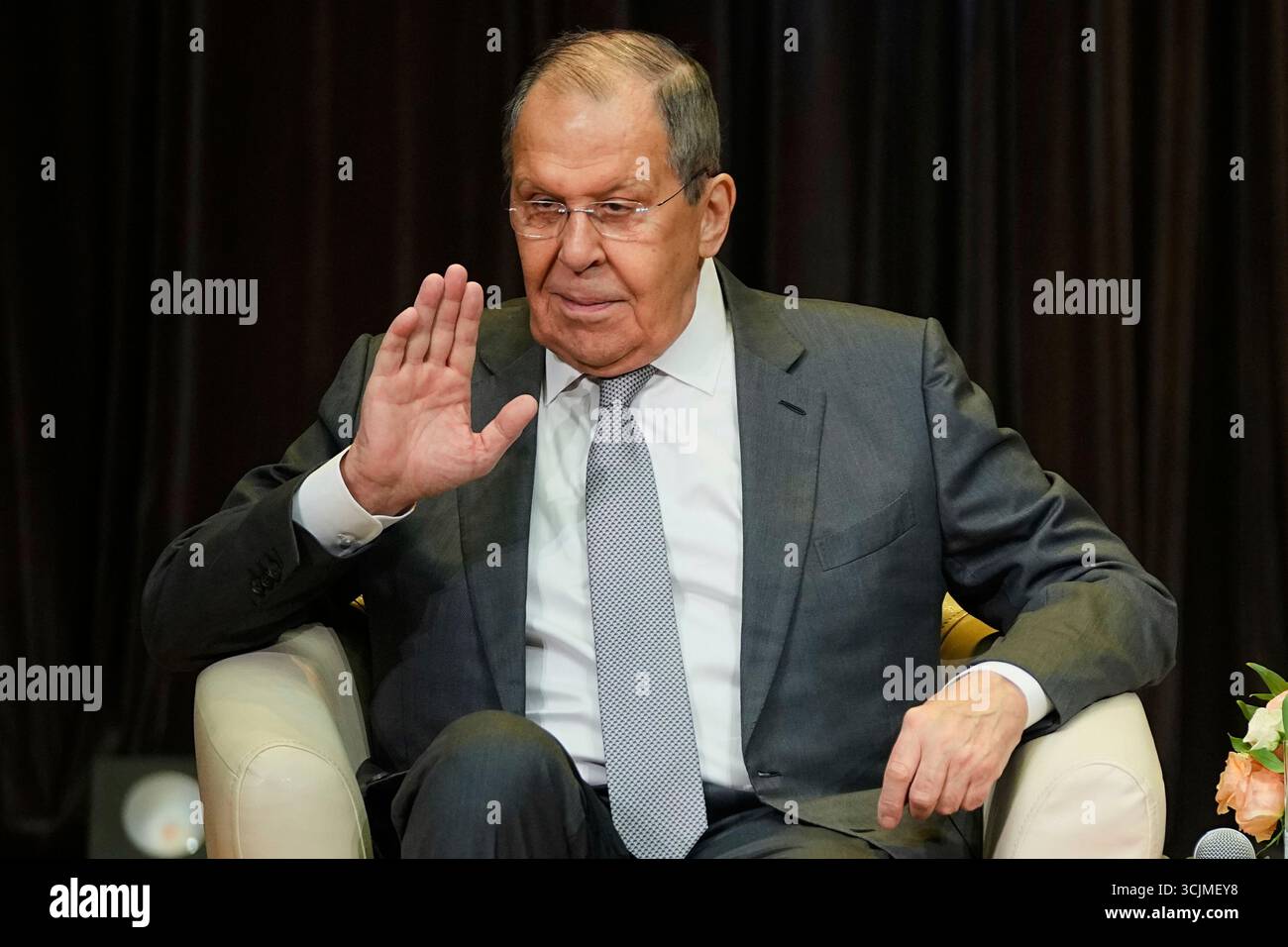 Russian Foreign Minister Sergey Lavrov gestures while speaking at an ...