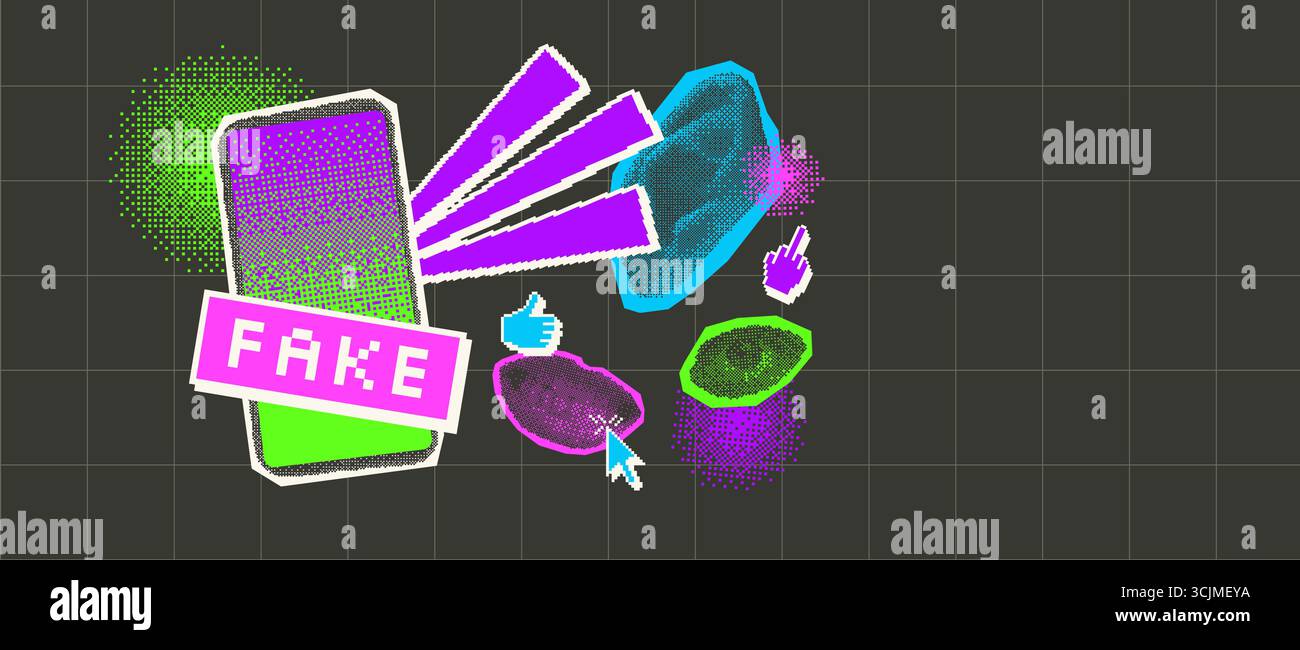Fake halftone and pixel stickers background template. Collage with ...