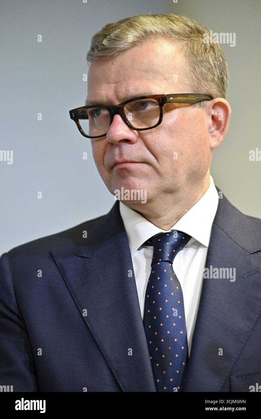 Finnish Prime Minister Petteri Orpo during his joint press conference with European Council ...