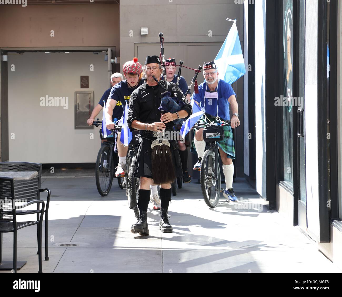 Hollywood, California, USA. 7th September, 2025. Bagpiper Jeff Cullen leads the film's cast ...