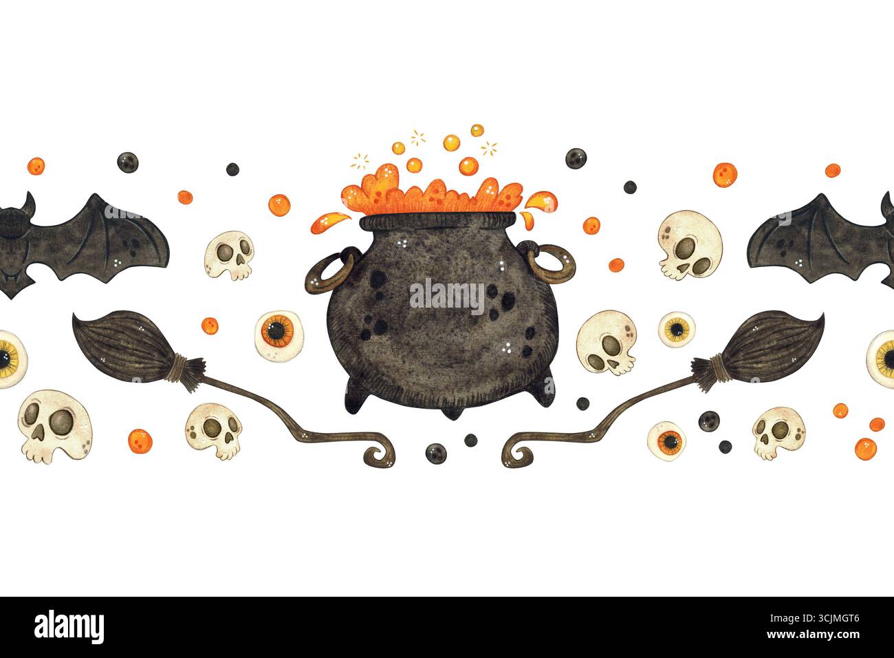 Seamless Halloween border with skulls, potion cauldron, eyes, bats and ...
