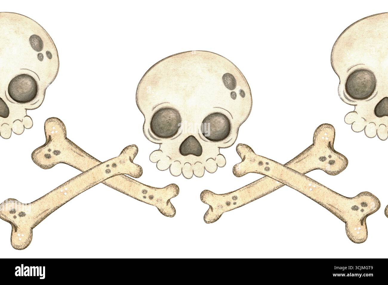 Seamless border of bones and skulls for Halloween. Watercolor ...