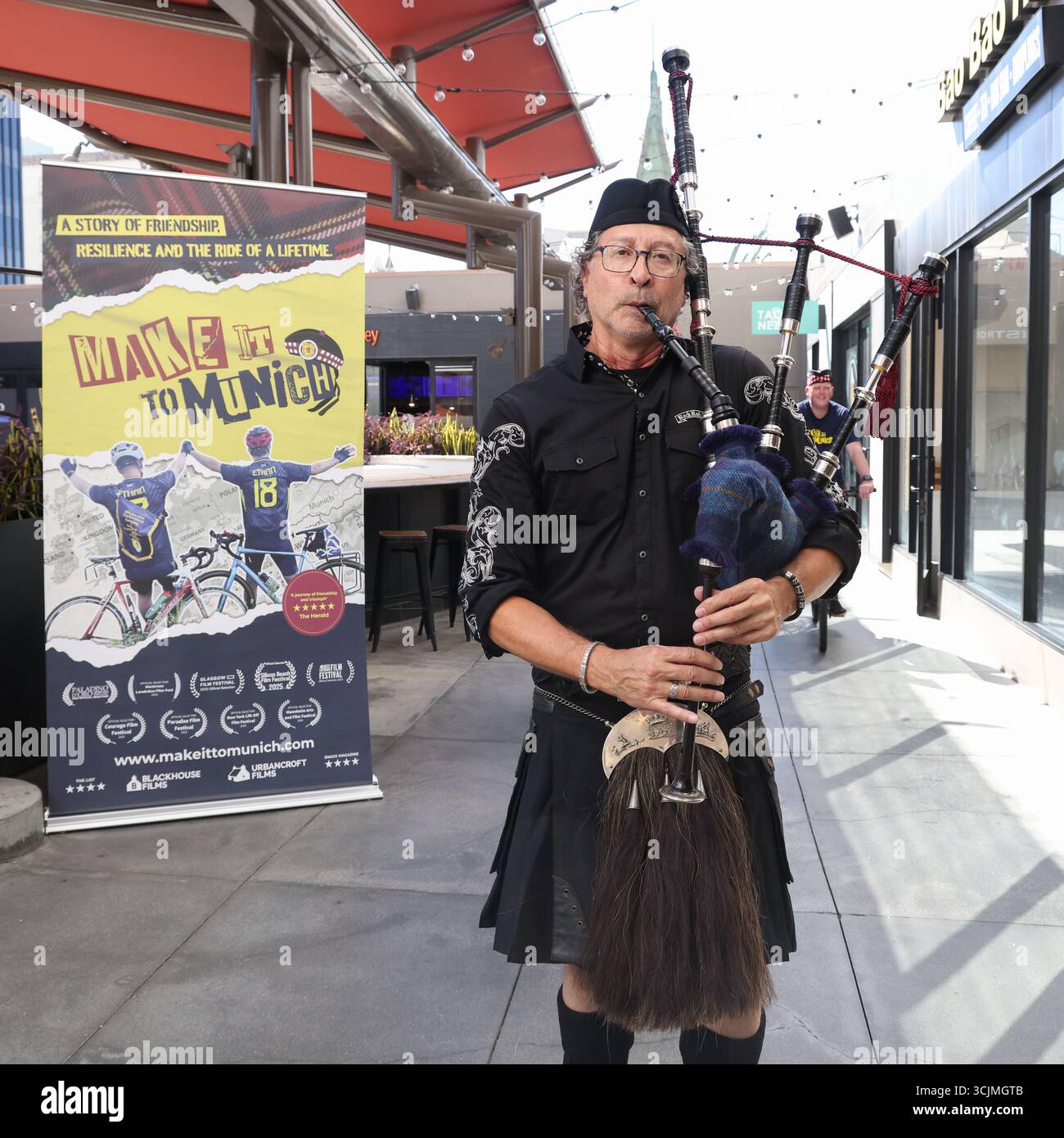 Hollywood, California, USA. 7th September, 2025. Bagpiper Jeff Cullen leads the film's cast ...