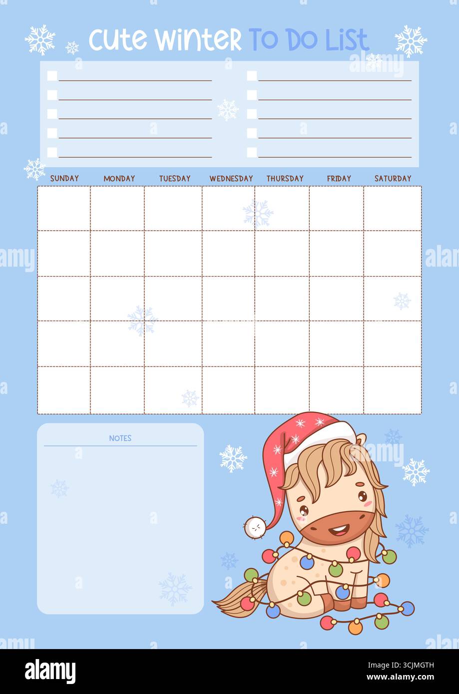 Winter to do list. Cute Christmas Horse. Organizer for grid Month, To ...