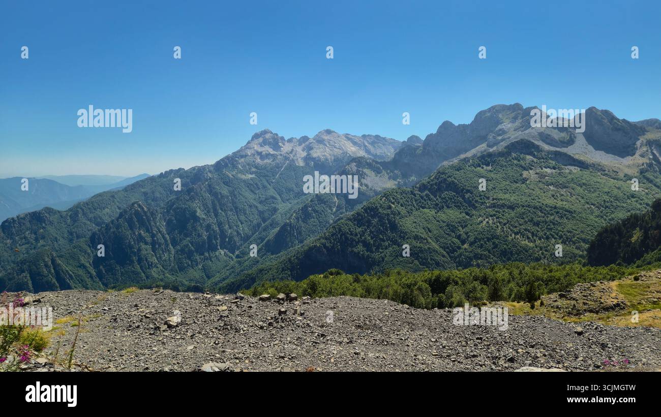 Scenic mountain views along the SH21 road to Theth in the Albanian Alps ...