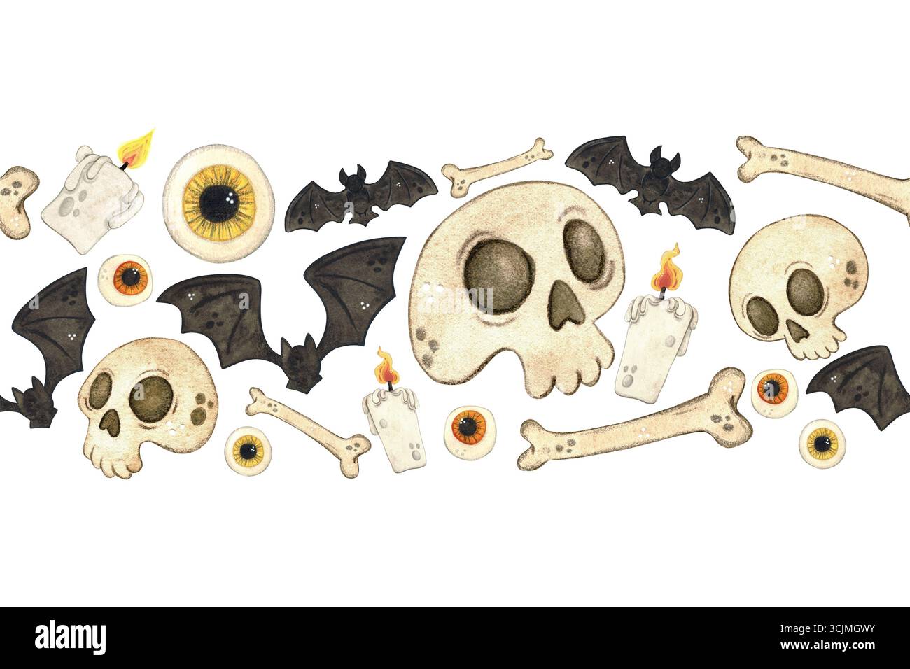 Seamless Halloween border with skulls, bones, eyes, bats and candles ...