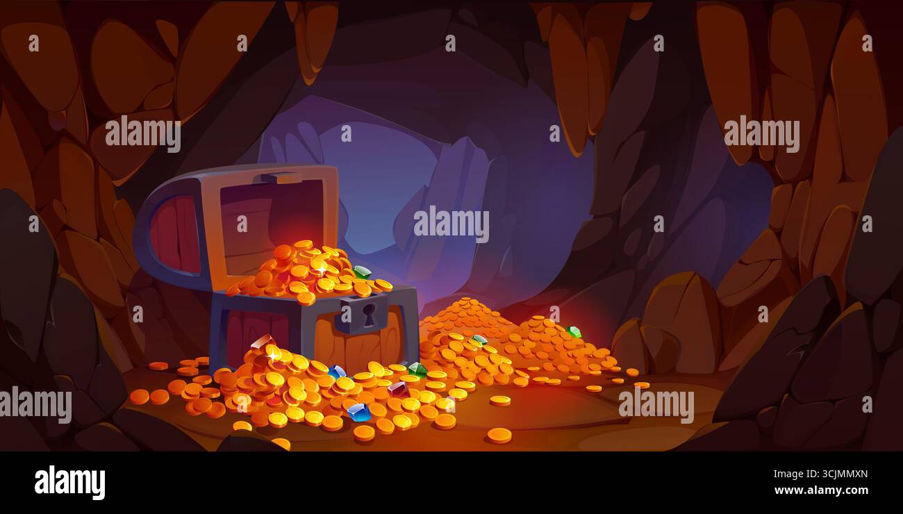 Pirate treasure cave with wooden chest, golden coins and crystal gems ...