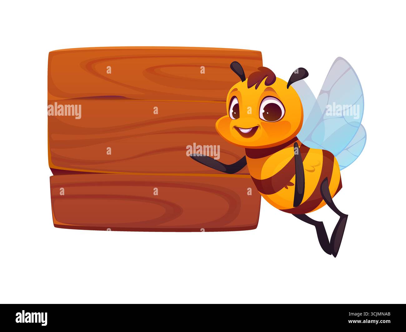 Cartoon cute honey bee character pointing on wooden sign board ...