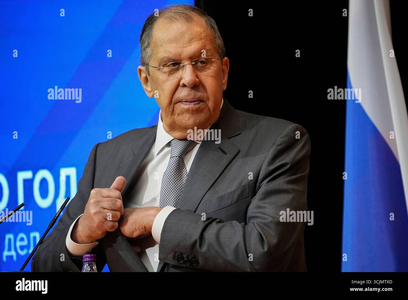 Russian Foreign Minister Sergey Lavrov prepares to leave a podium after ...