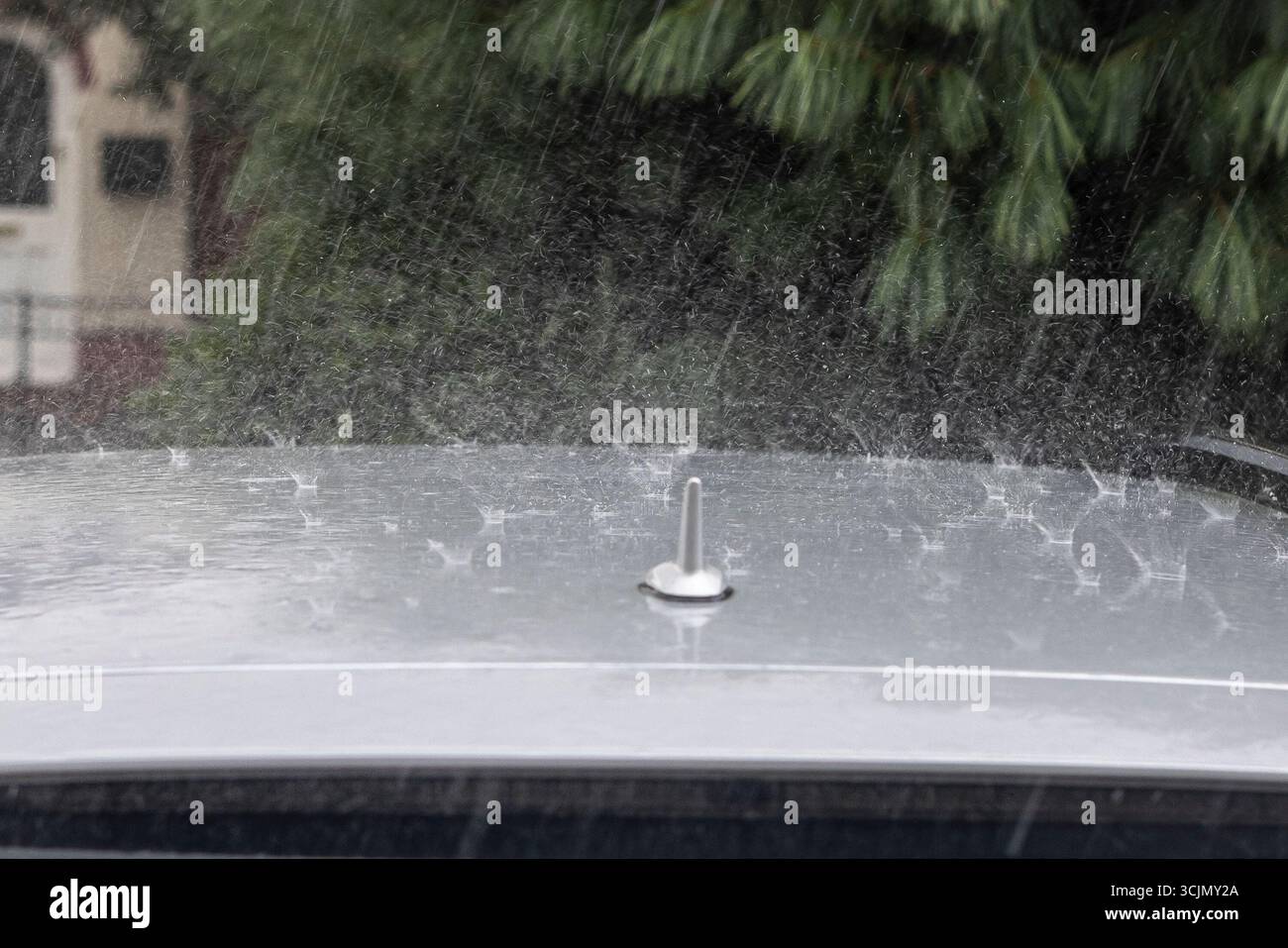Close up of heavy, British summer rain bouncing off the top of a silver ...