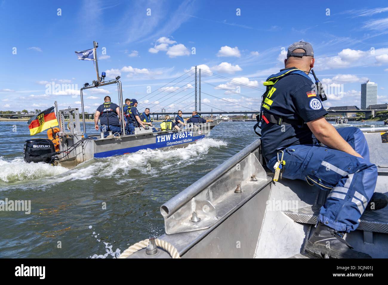 THW multi-purpose boats during a training trip on the Rhine, near ...