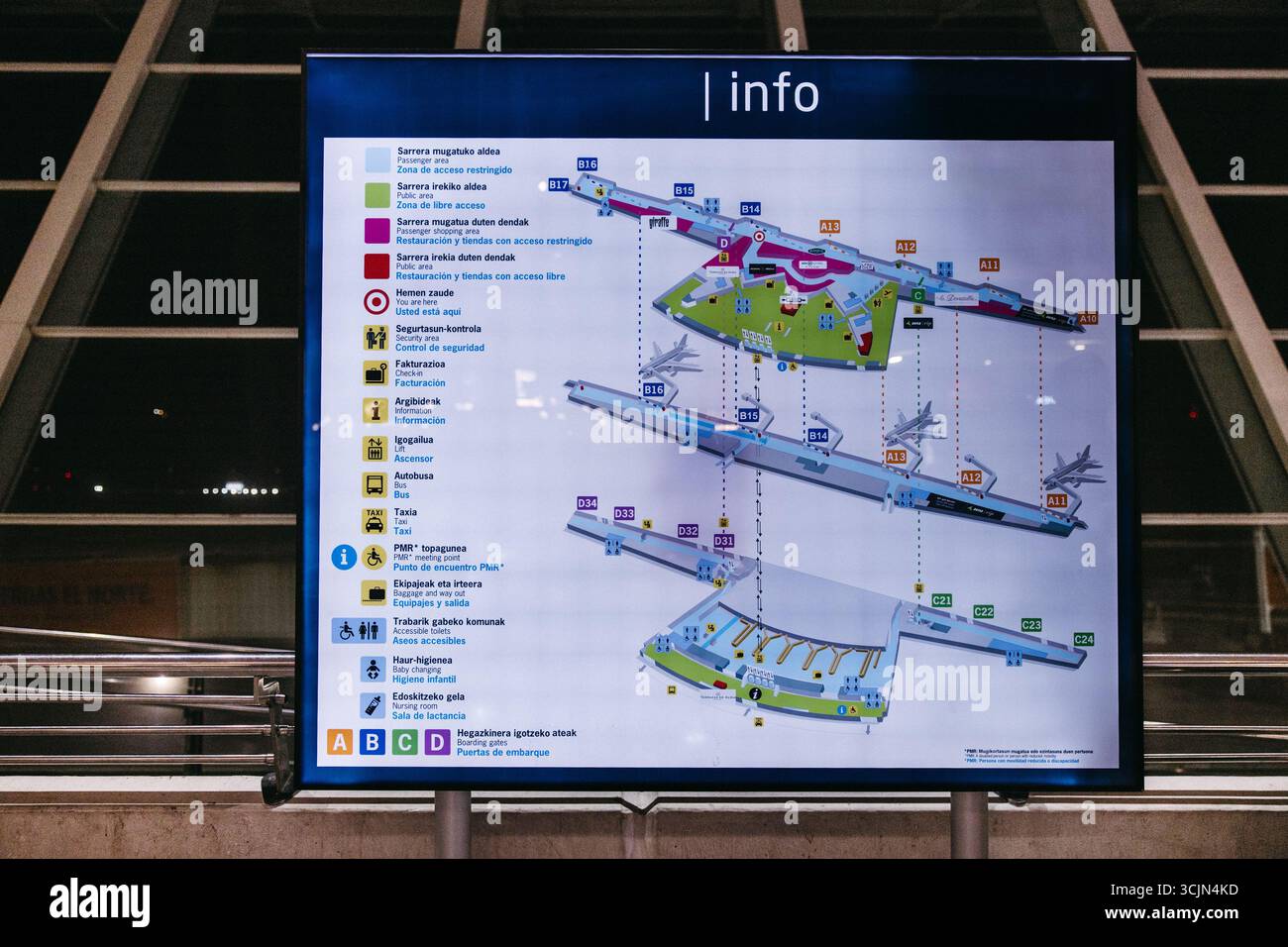 Digital airport map showing boarding gates and passenger services Stock ...