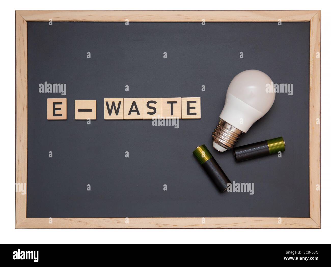 Chalkboard with the word "E-WASTE" made of wooden letters next to an ...
