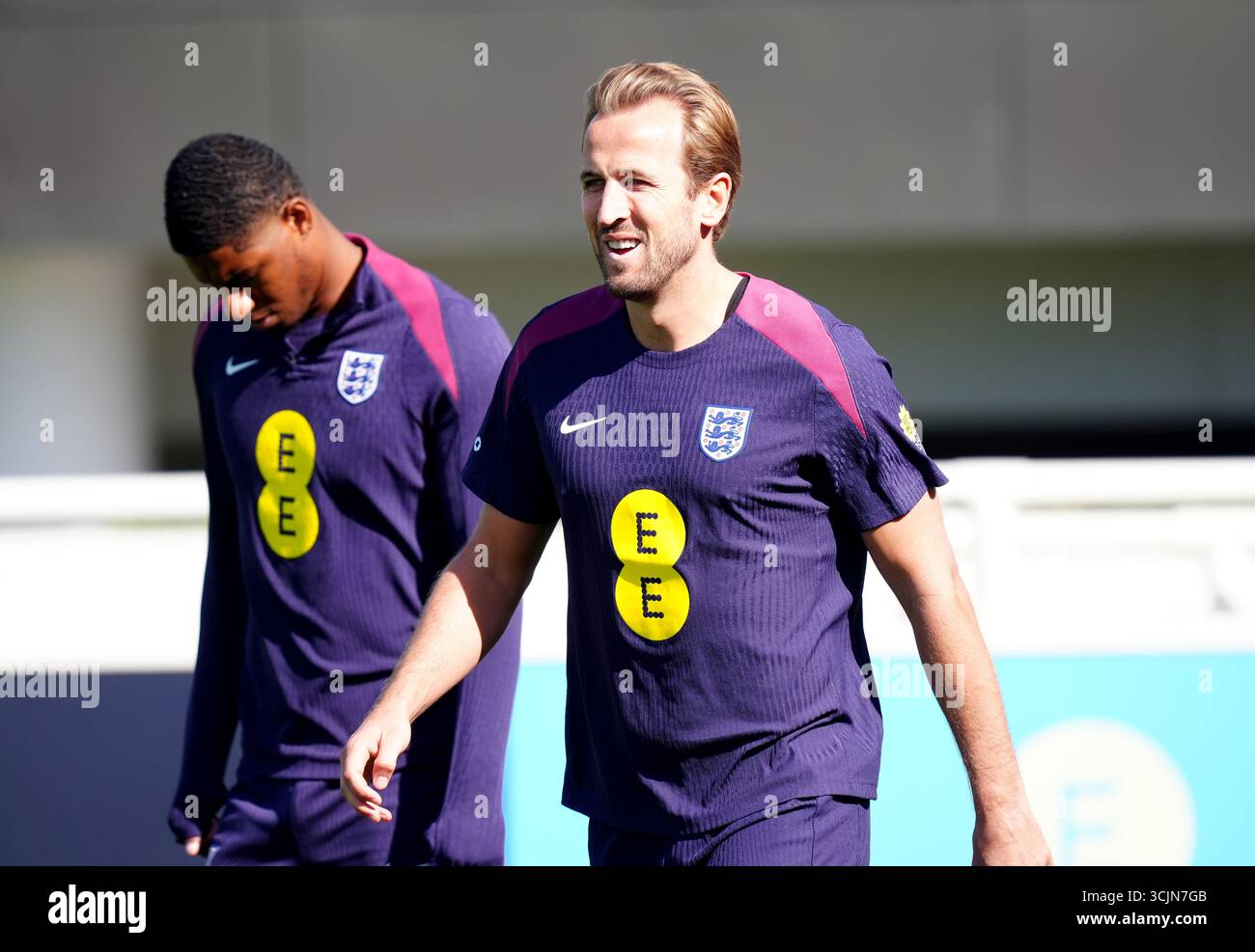 England's Harry Kane and Marcus Rashford during a training session at St George's Park, Burton ...