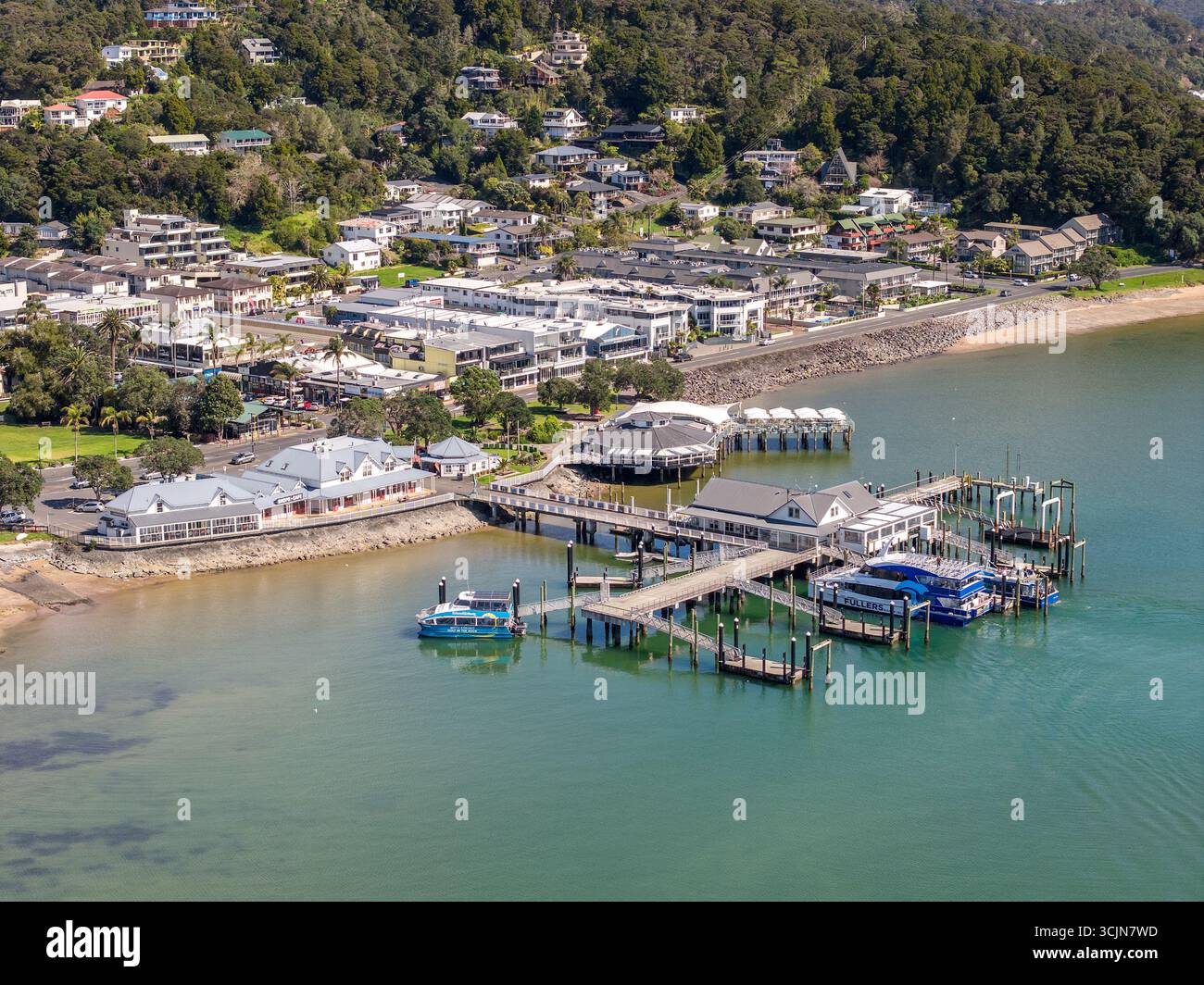 Aerial view of boats docked at a pier by the Waitangi Wharf, where the ...